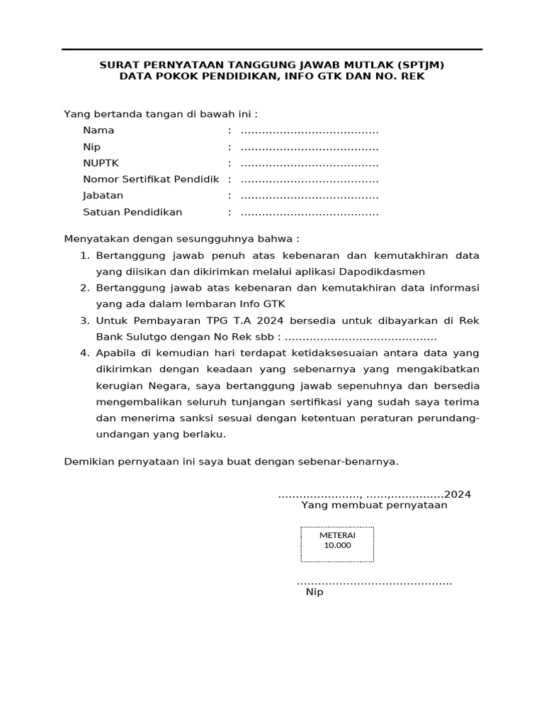 Contoh SPTJM Bagi Kepala Sekolah | PDF