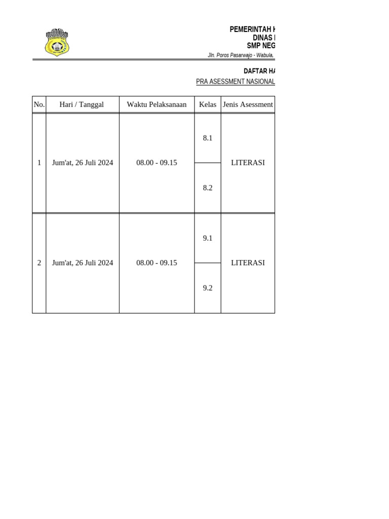 Daftar Hadir Pengawas Pra Asessment 2024 | PDF