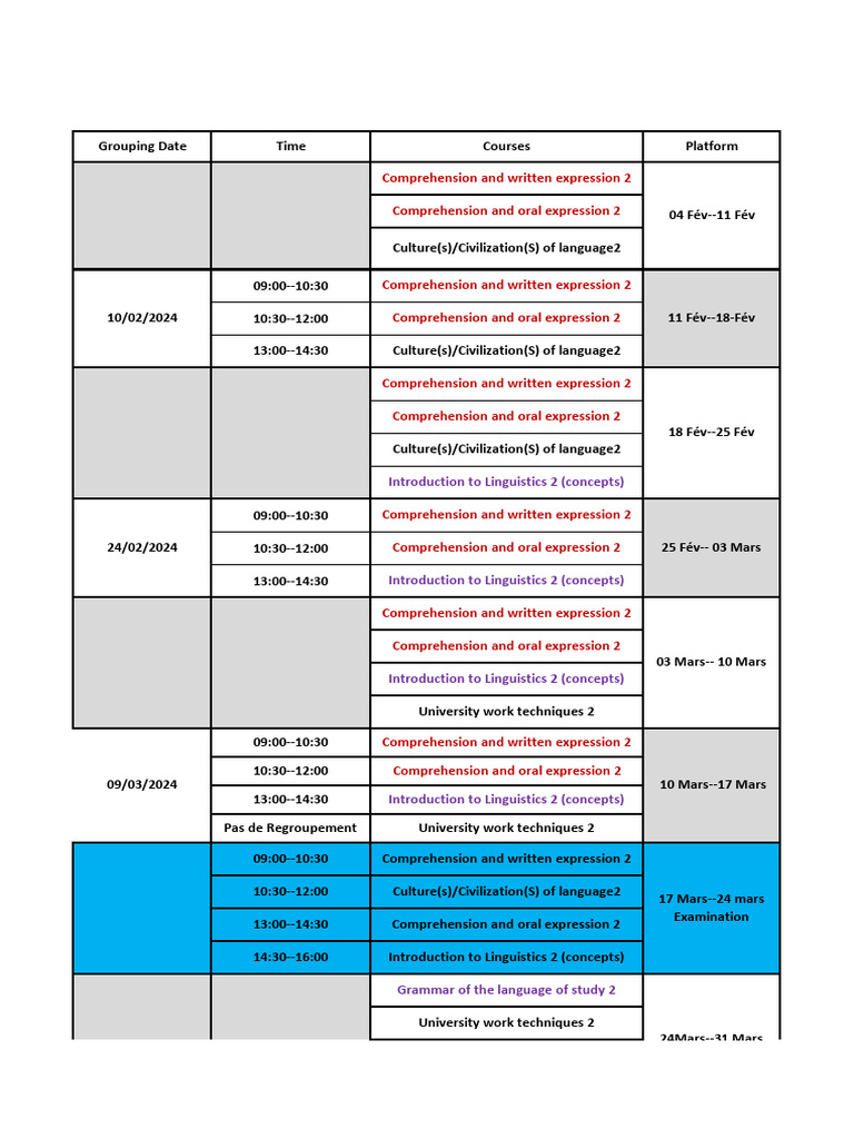 Courses Schedule and Examination S2 | PDF