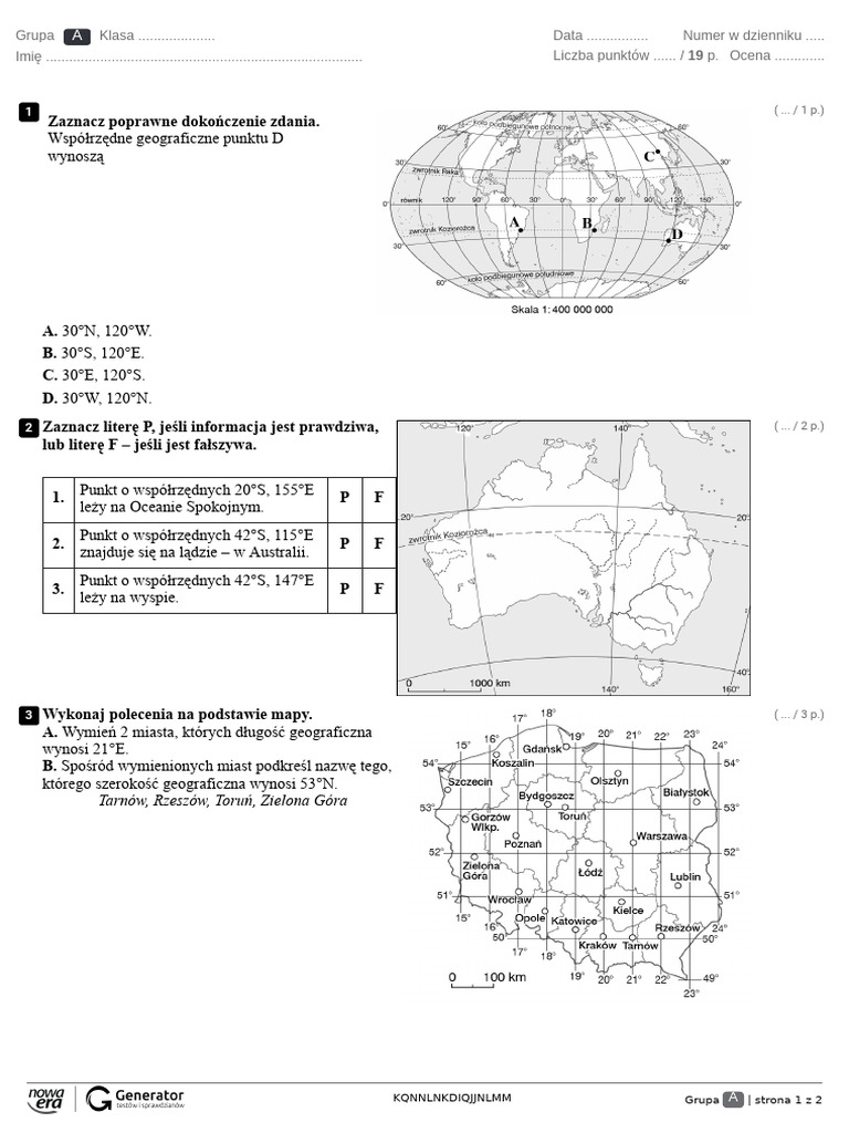 Współrzędne Geograficzne - Kartkówka Tes | PDF