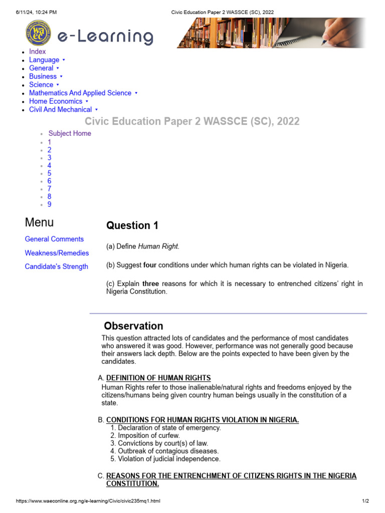 Wassce Waec 2022 Civic Education Paper 2 Past Questions and Answers PDF ...