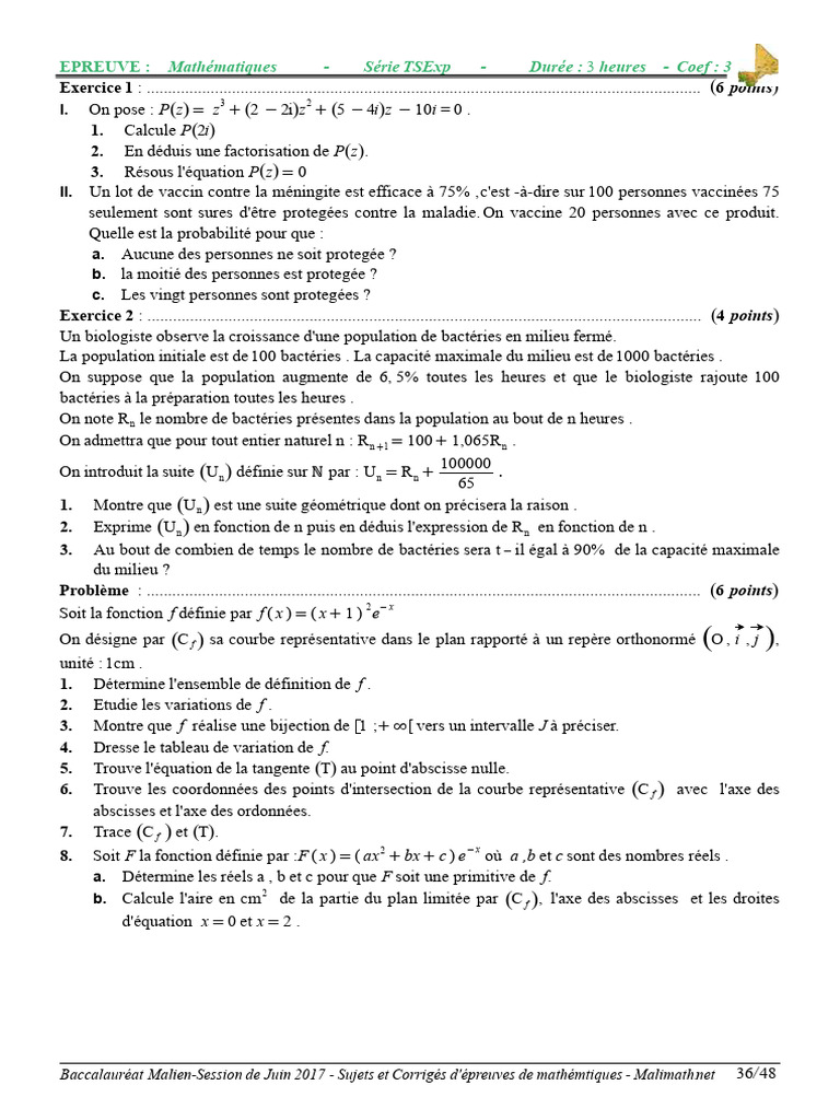 Sujets et Corrigés Mathématiques Bac 2017 | PDF | Mathematics