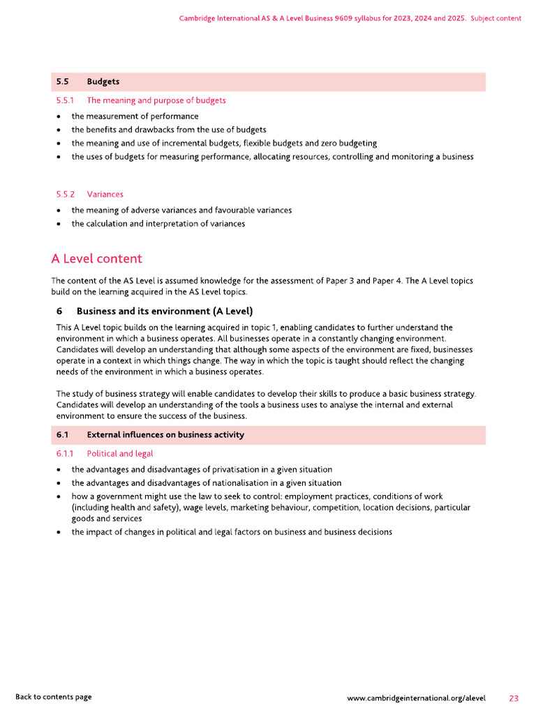 Business A Level Syllabus | PDF