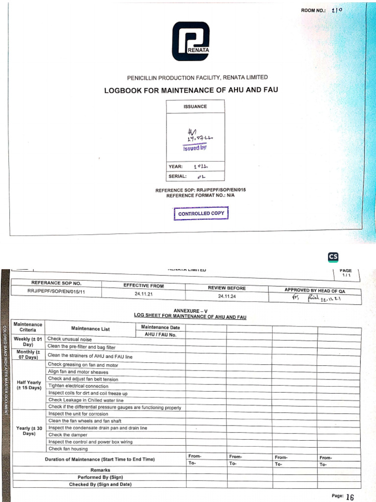 Log Book For Maintenance AHU, FCU | PDF