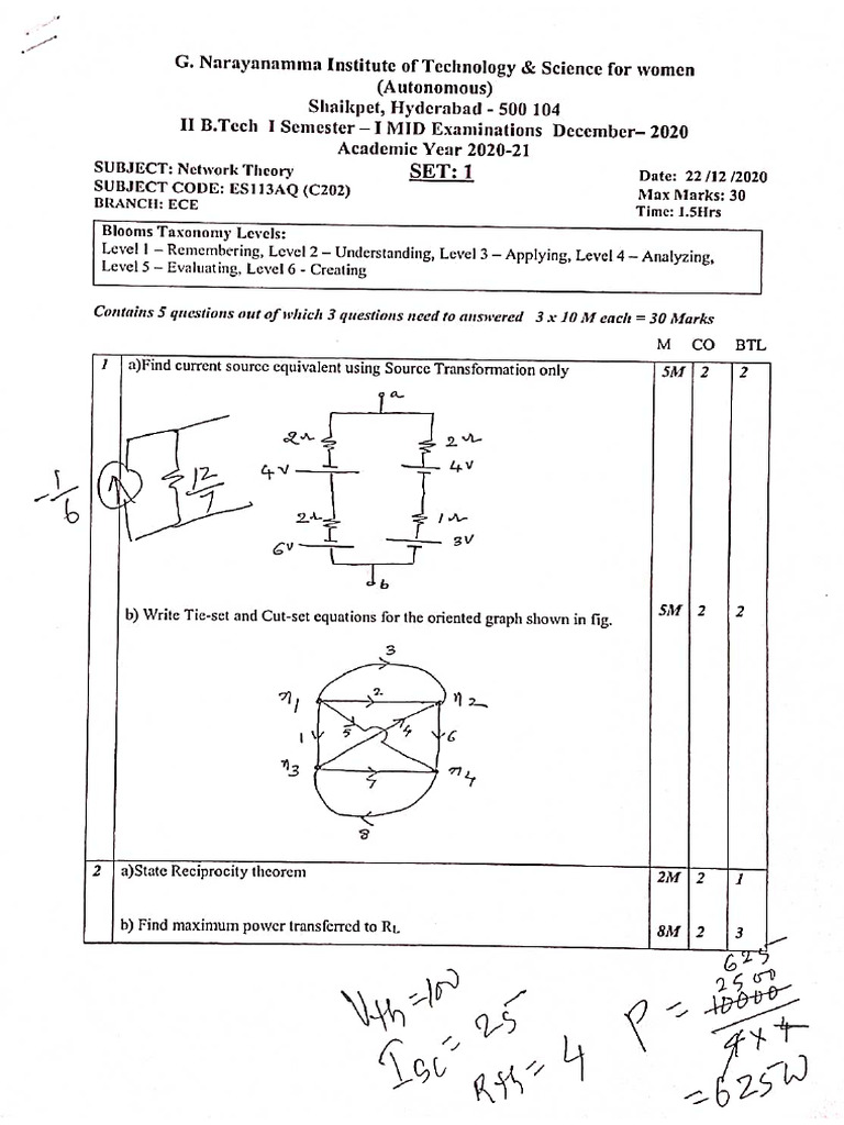 Network Theory 2 Btech 1st Semester 1st Mid Team Examination 2019,2020 ...