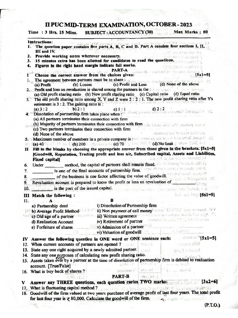 2nd PUC (ACCOUNTANCY) Mid-Term Examination Paper 2023 | PDF
