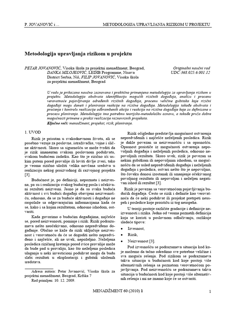 Metodologija Upravljanja Rizikom U Projektu | PDF