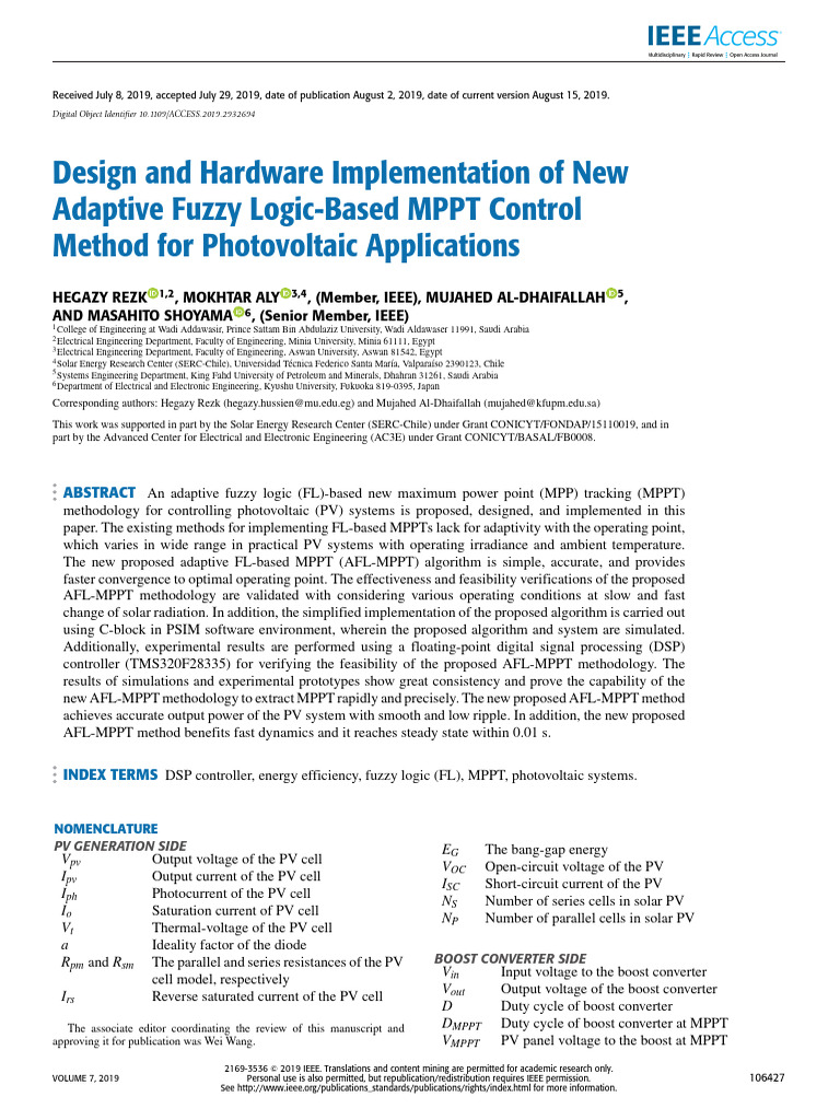 Design and Hardware Implementation of New Adaptive Fuzzy Logic-Based ...