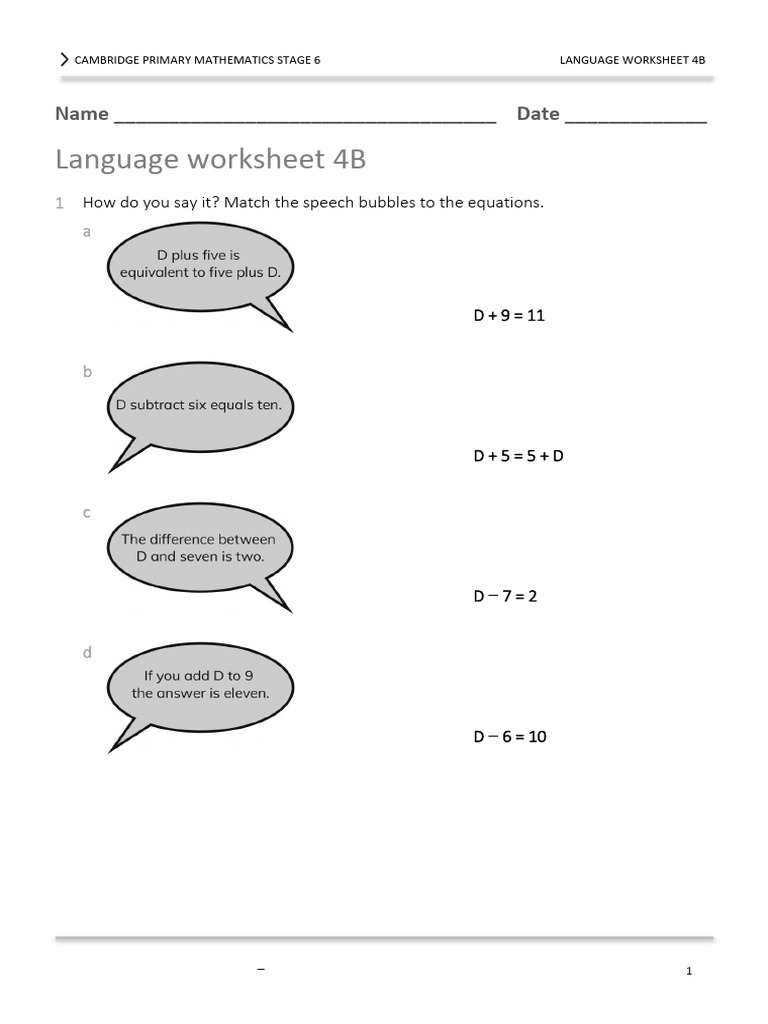 Addition and Subtraction (1) Prim Maths 6 2ed TR Lang Ws 4b | PDF