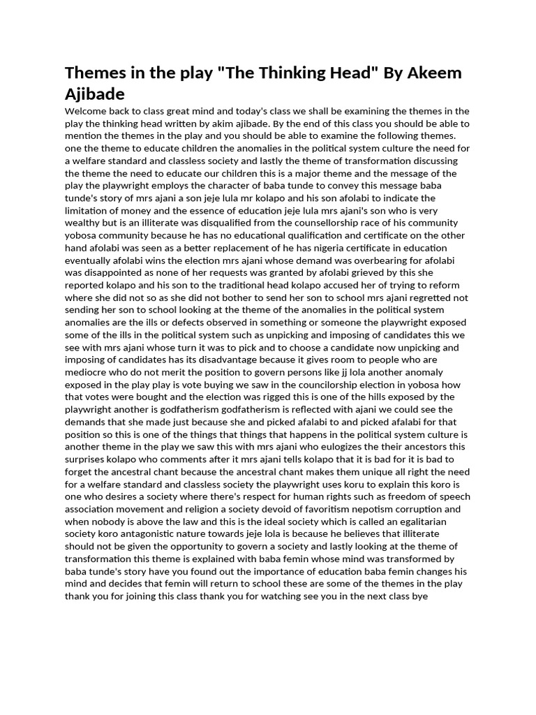Themes of The Play - The Thinking Head - by Akeem Ajibade | PDF