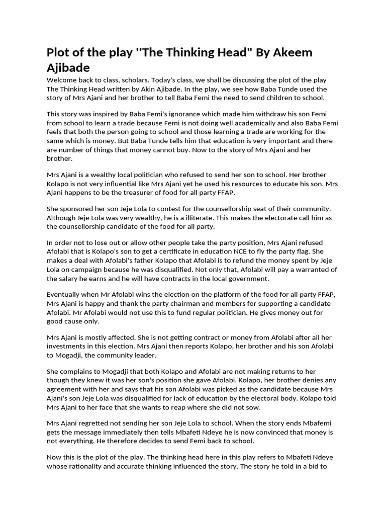Plot of The Play ''The Thinking Head - by Akeem Ajibade | PDF
