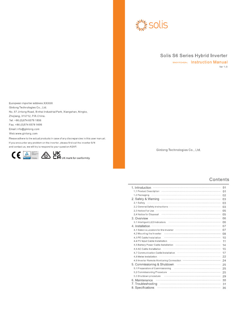 Solis Manual S6-EH1P (3-6) K-L-EU EUR V1,0 | PDF
