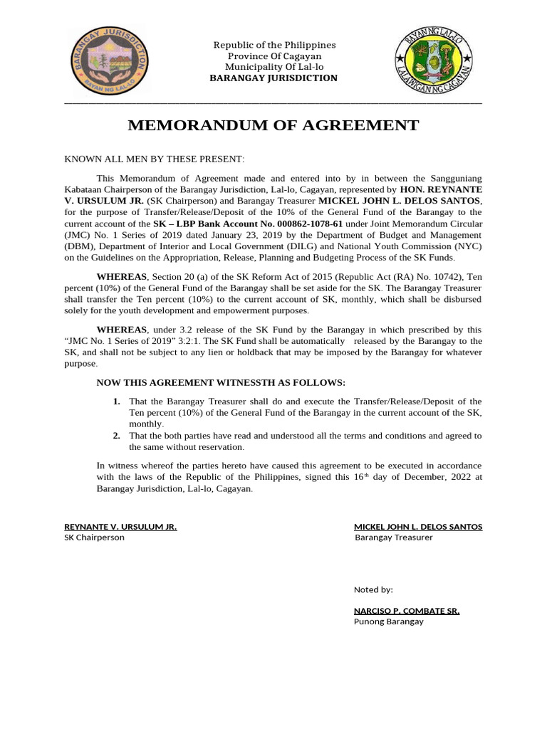 SK Fund Transfer Agreement in Lal-lo | PDF | Philippines | Government