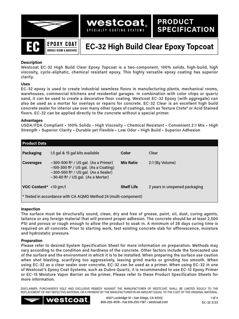Ec 32 High Build Clear Epoxy Topcoat Ec 32 Product Specification ...