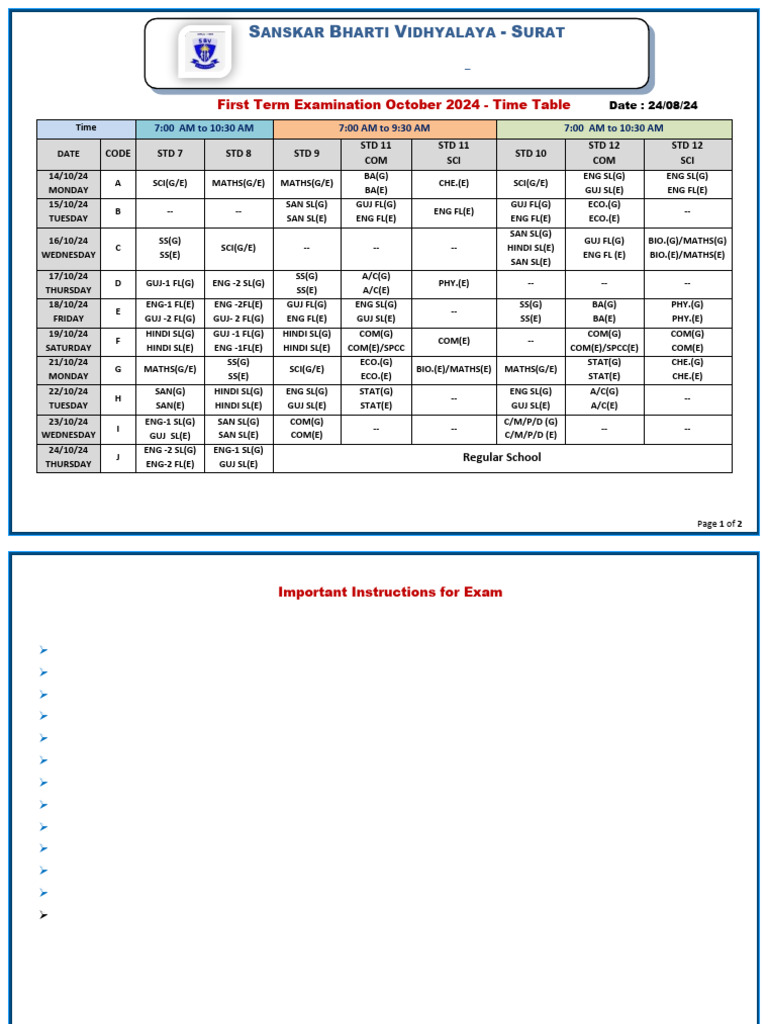 SBV 2024 1st Term Timetable | PDF
