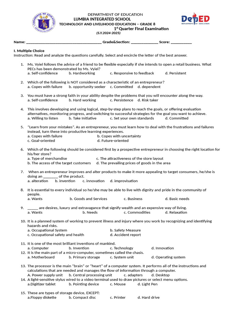TLE 8 1st Quarter Final Exam | PDF