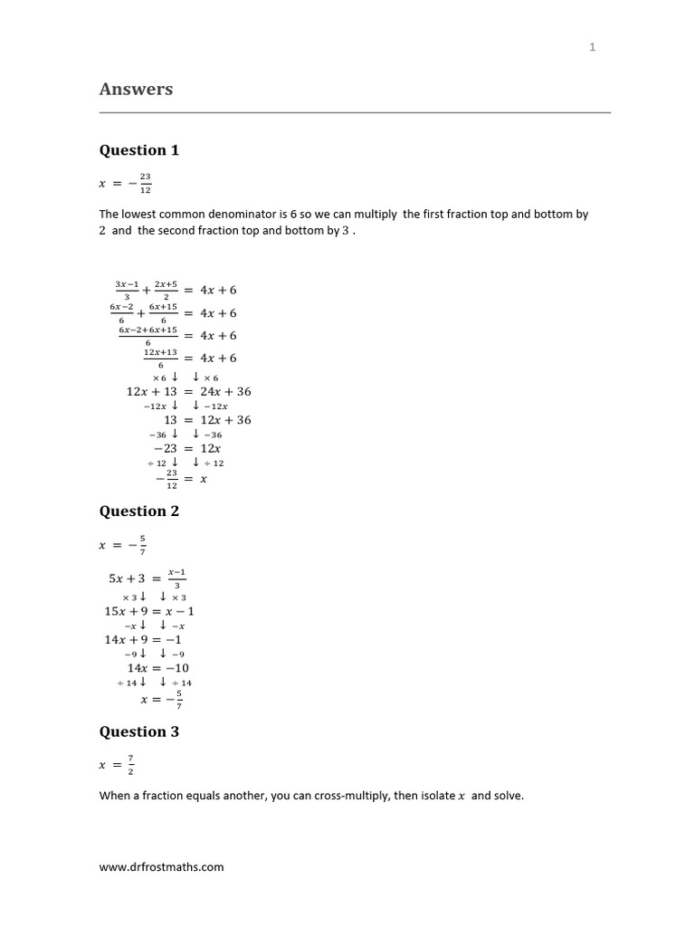 Solving Equations (Fractions) - DrFrost - Answers | PDF