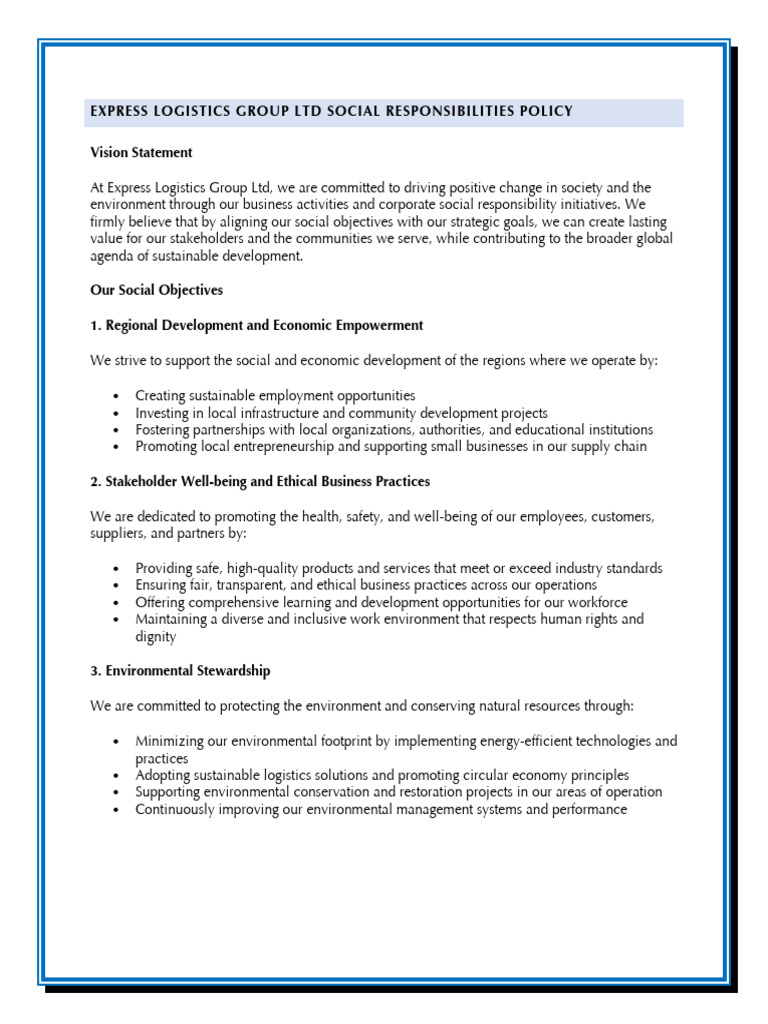 Express Logistics CSR Policy Overview | PDF | Corporate Social ...
