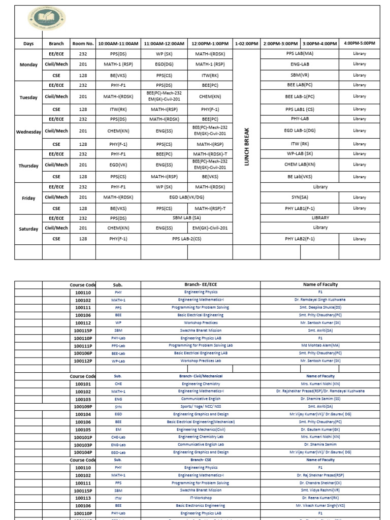 First Sem Time Table | PDF