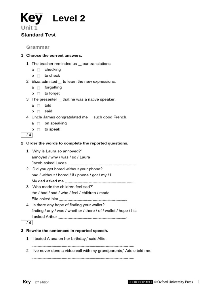 Key2e - Level 2 - Unit 1 - Test - A | PDF