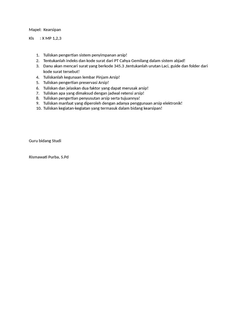 Soal Ujian Kearsipan Kls XMP | PDF