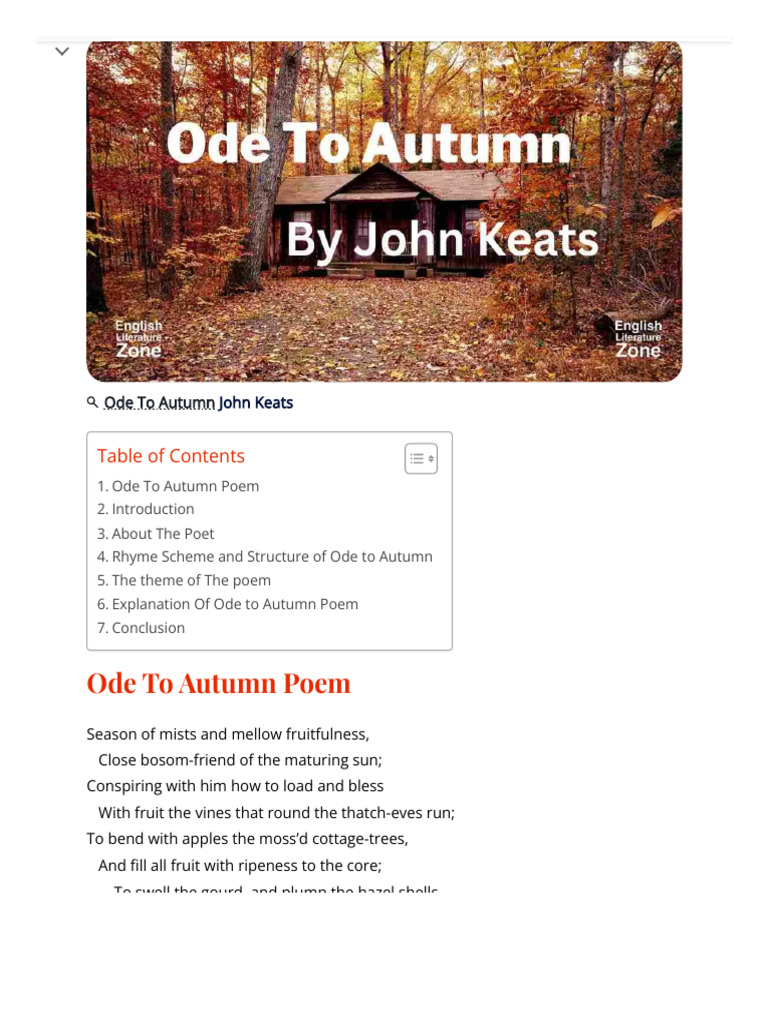 Ode To Autumn Summary & Analysis - Ode To Autumn by John Keats | PDF