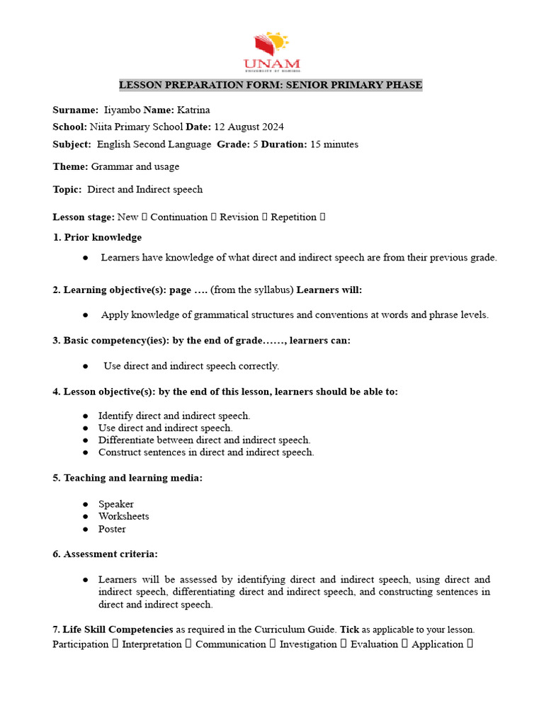 LESSON PREPARATION FORM Senior Primary-1 | PDF | Learning | Speech