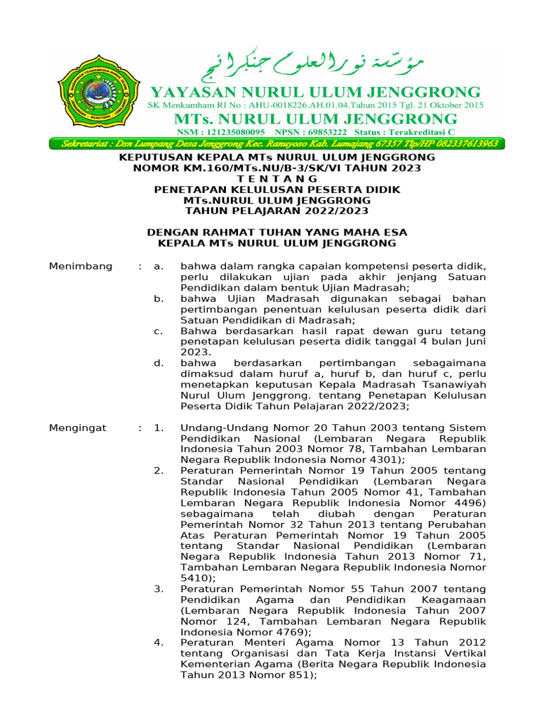 Contoh SK Kelulusan 2022-2023 | PDF