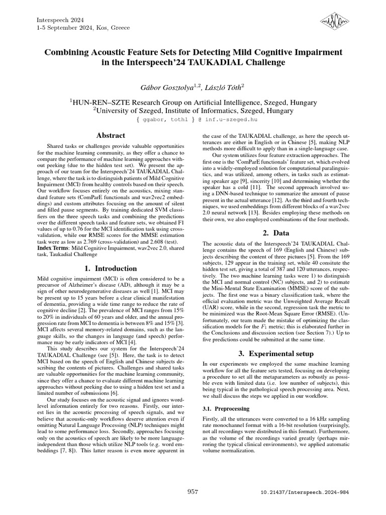 Combining Acoustic Feature Sets For Detecting Mild Cognitive Impairment in The Interspeech'24 ...