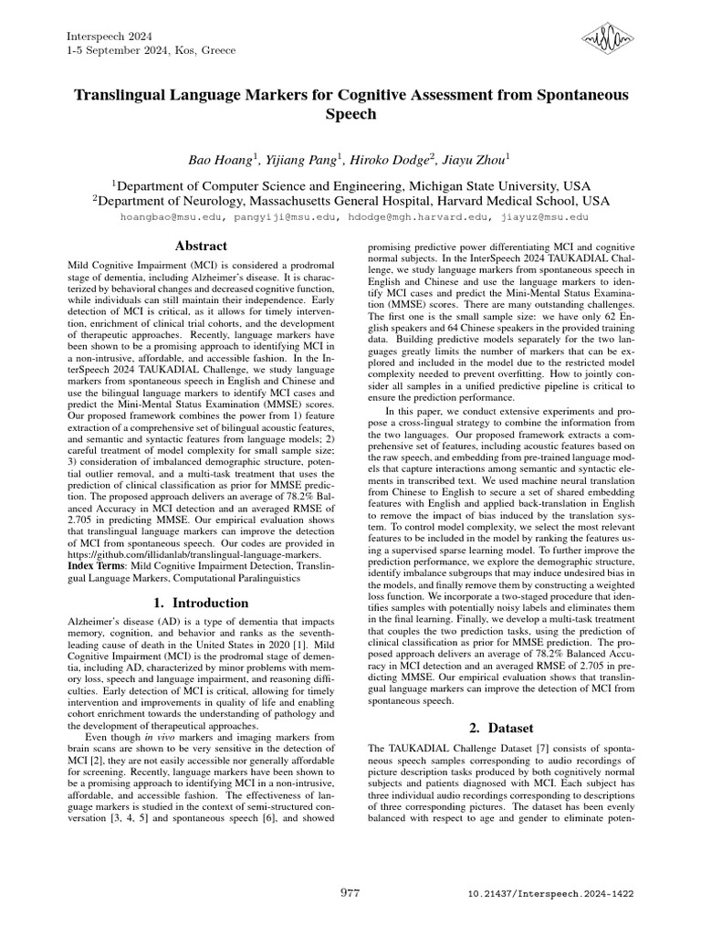 Translingual Language Markers for Cognitive Assessment From Spontaneous Speech | PDF
