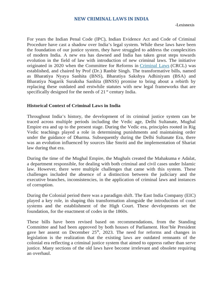 New Criminal Laws in India 2023 | PDF | Crimes | Crime & Violence