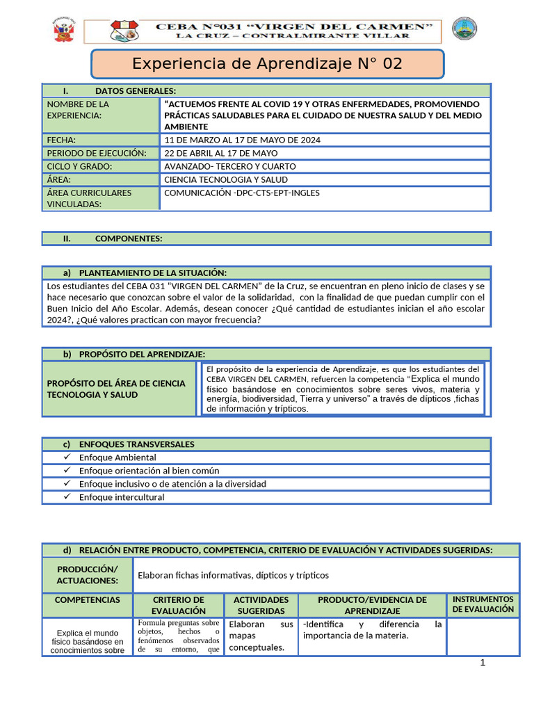 Experiencia de Aprendizaje N°02-2024-Ceba 031-Rafael-3 y 4 Avanzado | PDF