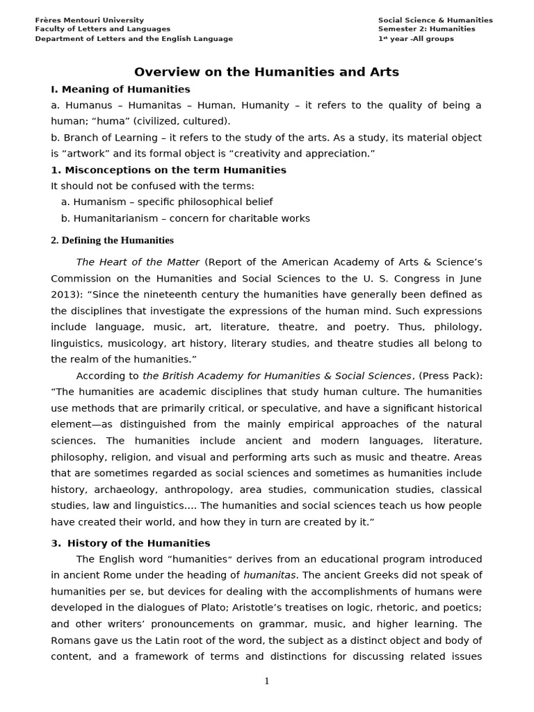 Lecture 01 Overview On The Humanities and Arts | PDF