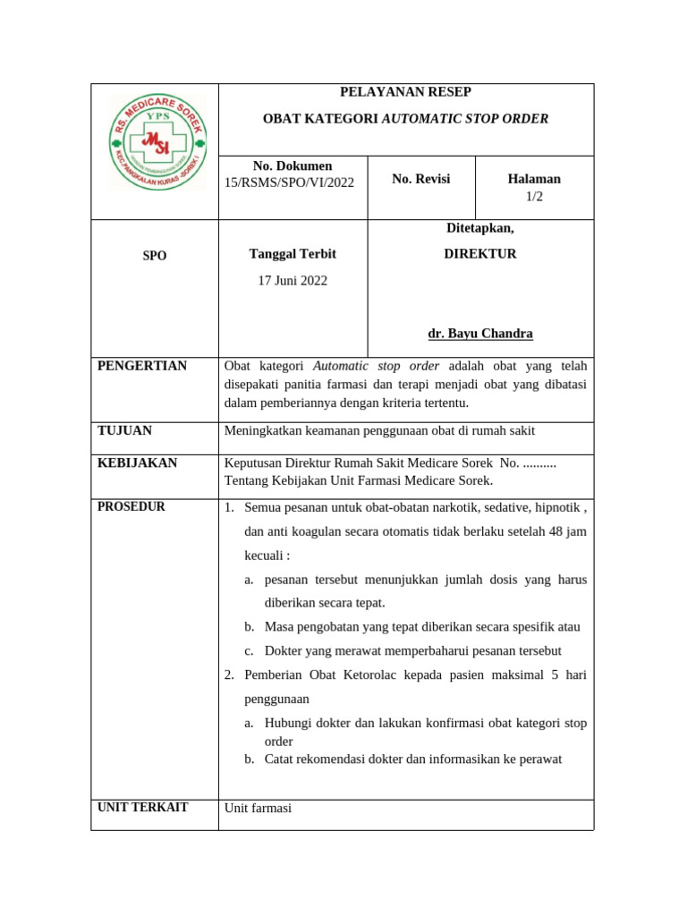 PELAYANAN OBAT KATEGORI Automatic Stop Order | PDF