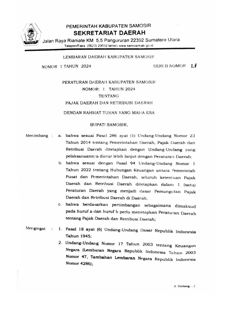 PERDA NO 1 Kab Samosir TTG Pajak Daerah Dan Retribusi Daerah | PDF