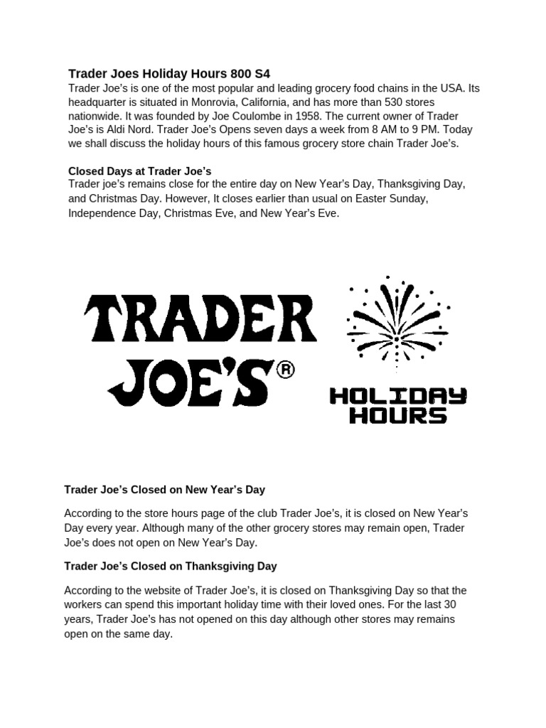 Trader Joes Holiday Hours | PDF