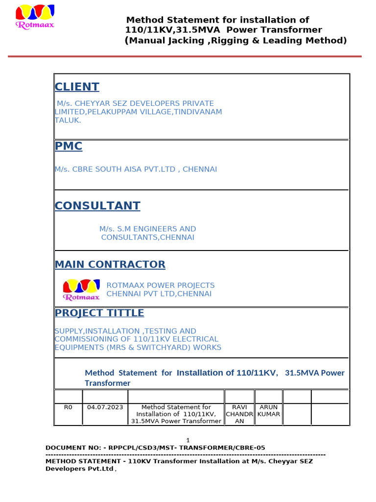 MOS For Transformer Installation | PDF