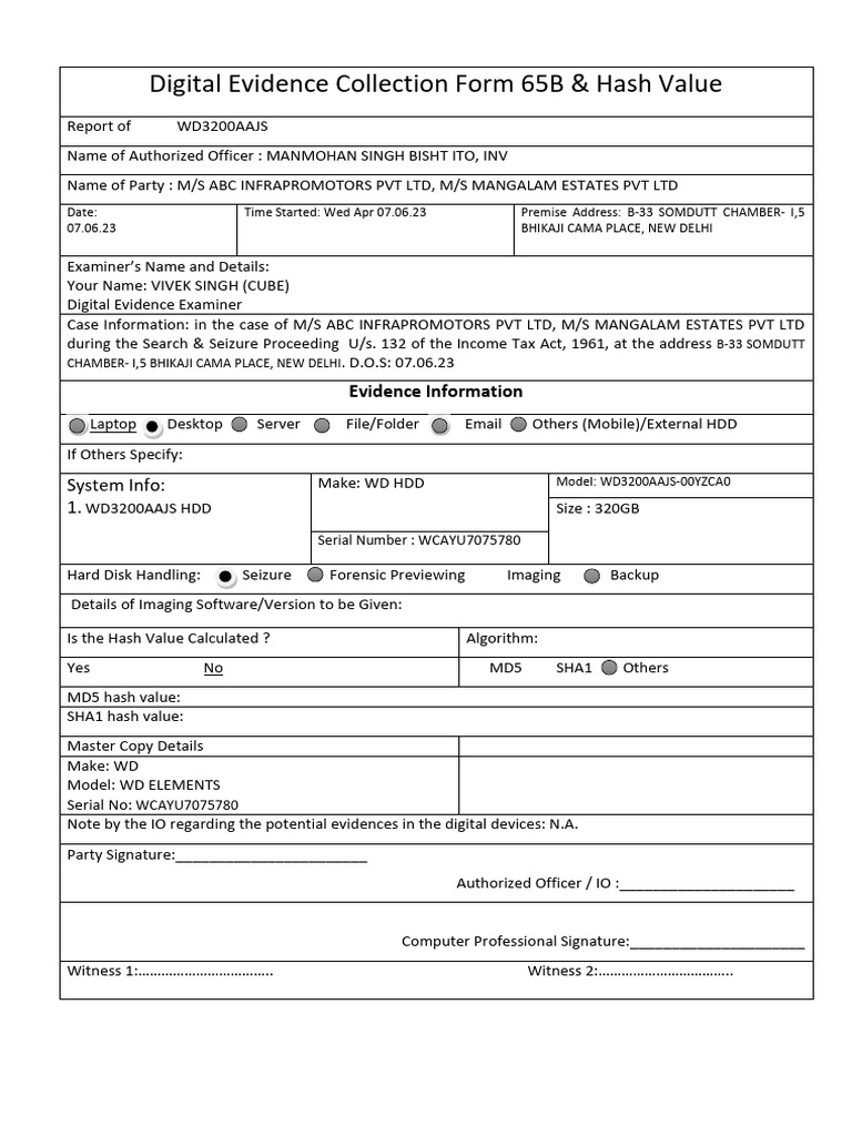Digital Evidence Collection Form 65B & Hash Value: System Info: 1 | PDF