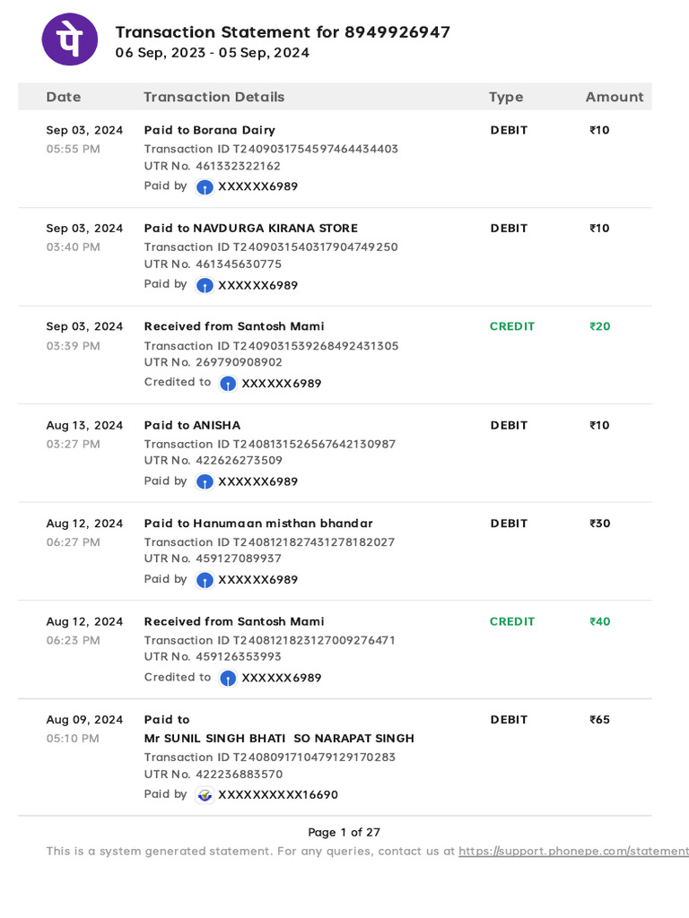 PhonePe Statement Sep2023 Sep2024 | PDF | Debit Card | Finance & Money ...