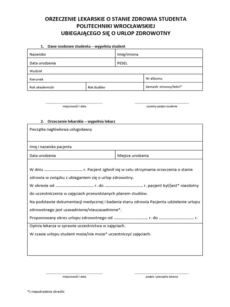 Orzeczenie Lekarskie o Stanie Zdrowia | PDF