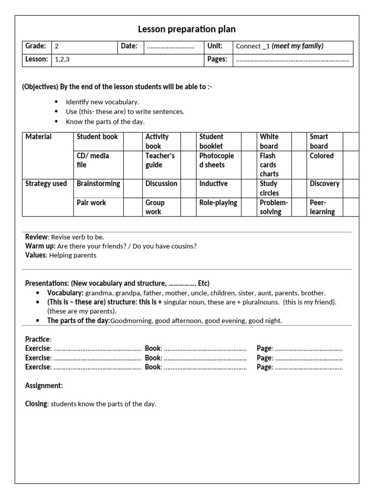 Lesson Preparation Plan First Term Connect Grade2 | PDF