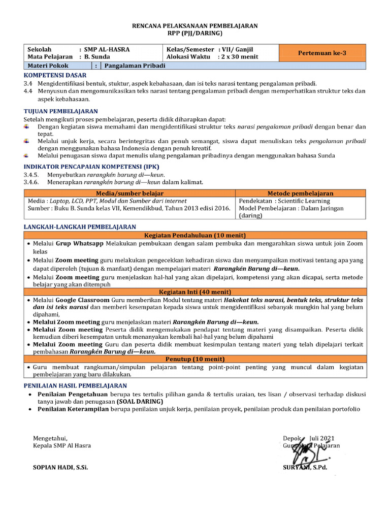 RPP KD 3.4 B. Sunda - Pangalaman Pribadi 3 | PDF