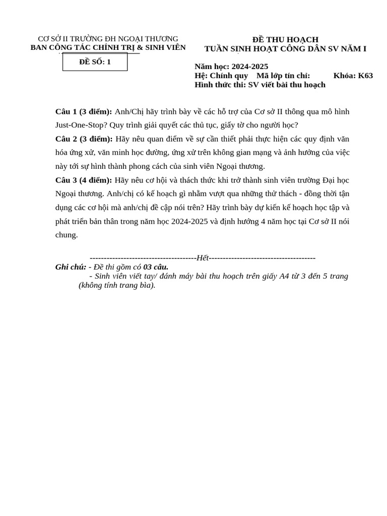 Đề bài thu hoạch Tuần SHCD SV đầu khóa 2024-2025 | PDF