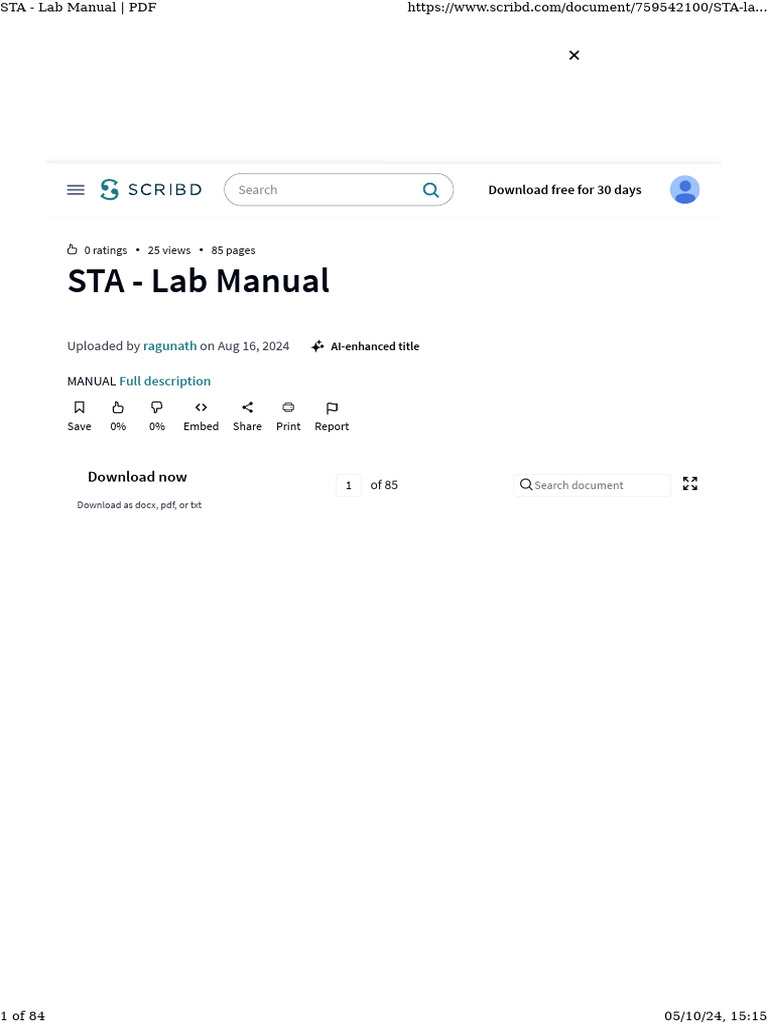 Sta - Lab Manual - PDF | PDF | Scribd | Digital Technology