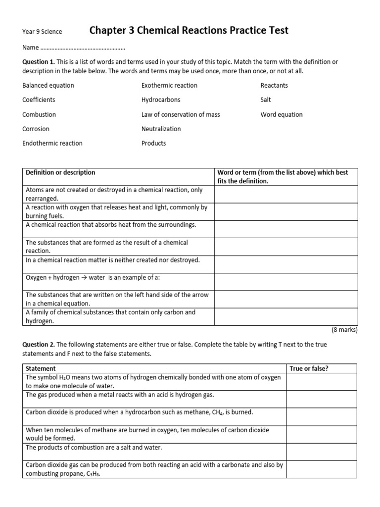 9 Chemical Reactions Practice Test | PDF