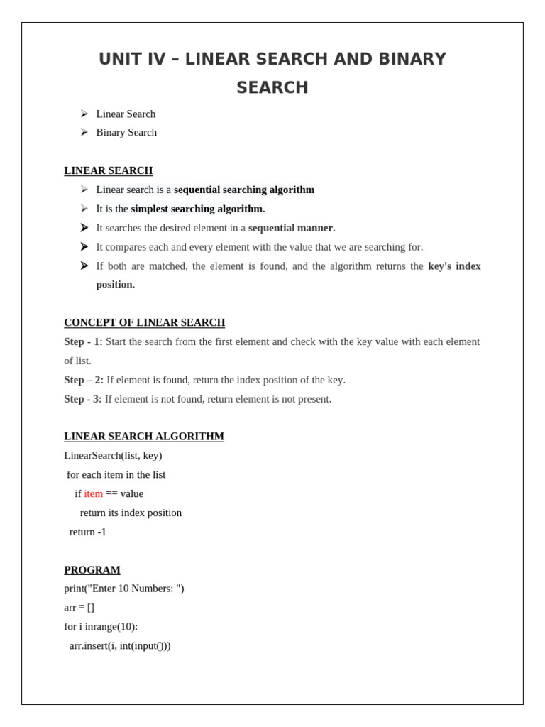Unit IV - Linear and Binary Search | PDF