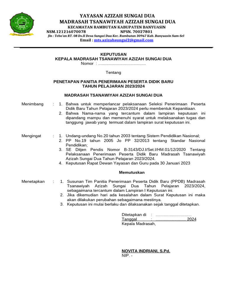 SK Panitia PPDB Madrasah 2024. | PDF