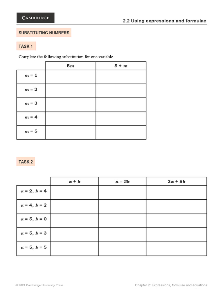 Substituting Numbers Task 1: Substitute One Variable | PDF