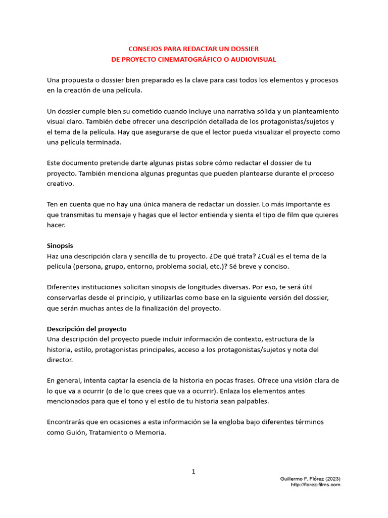 Consejos para Redactar Un Dossier de Proyecto Cinematográfico o ...