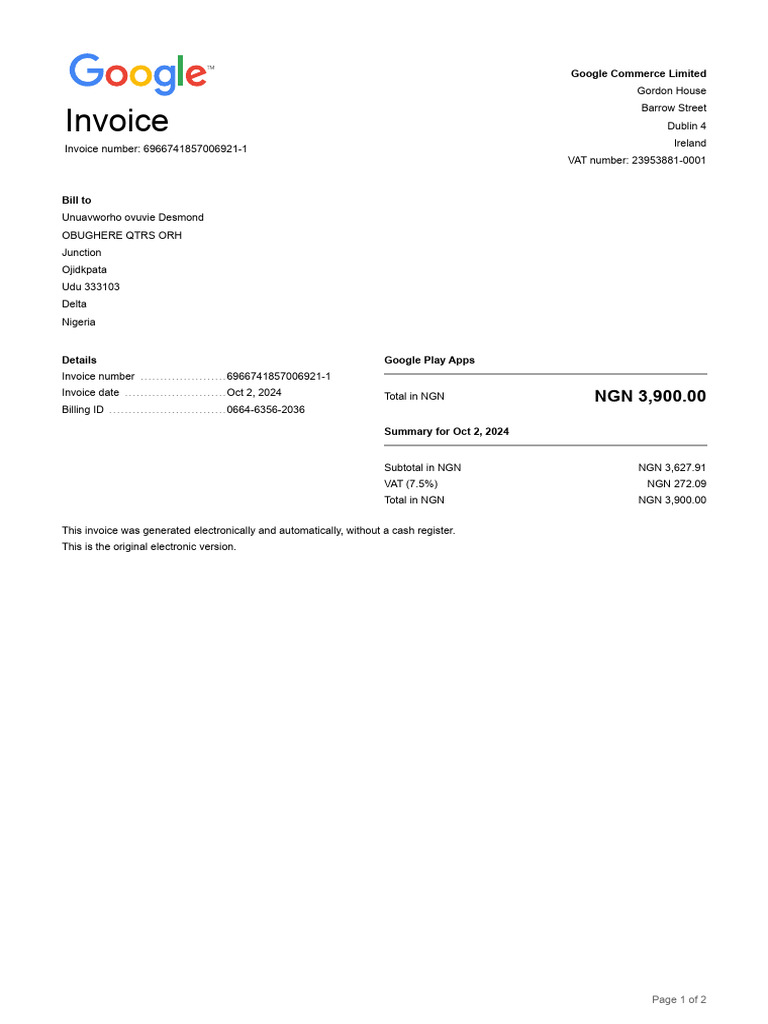 Invoice: Google Commerce Limited | PDF | Invoice | Payments